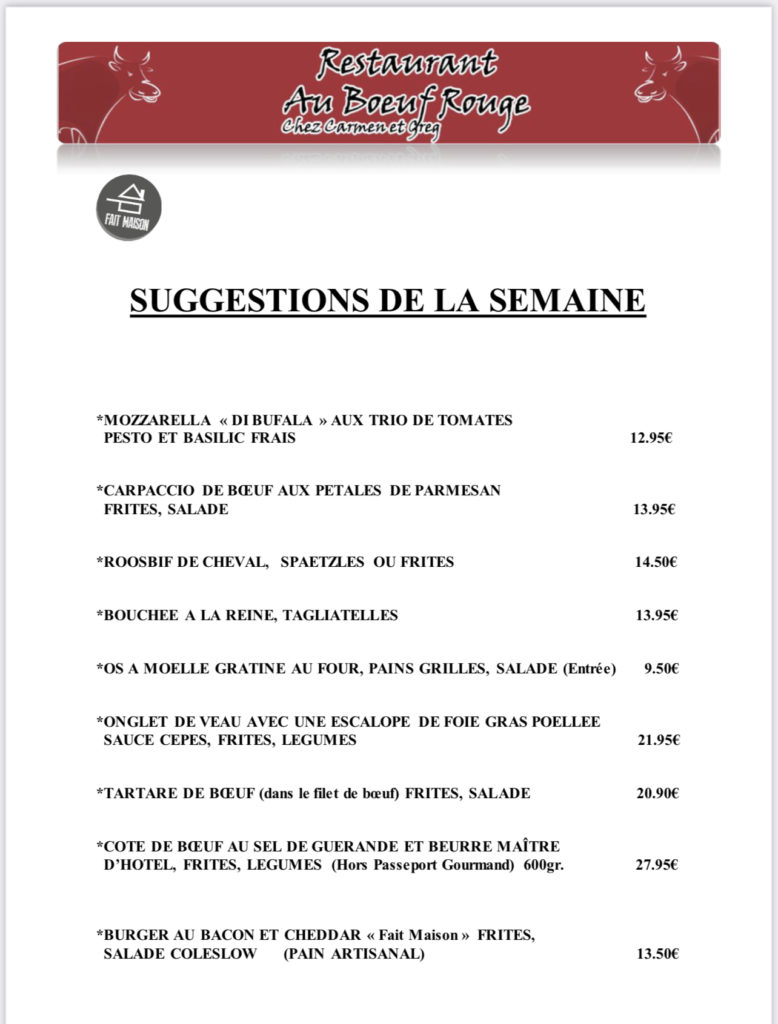 Menu de la Semaine - Restaurant au Boeuf Rouge