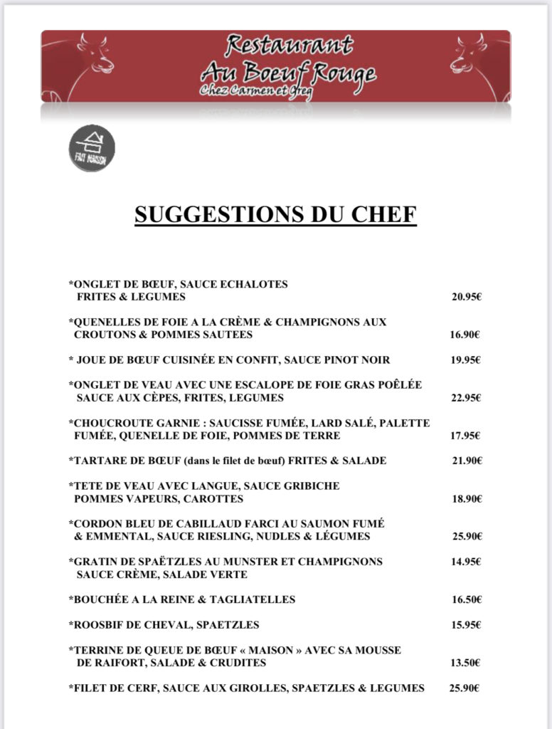 Plat du Jour - Restaurant au Boeuf Rouge