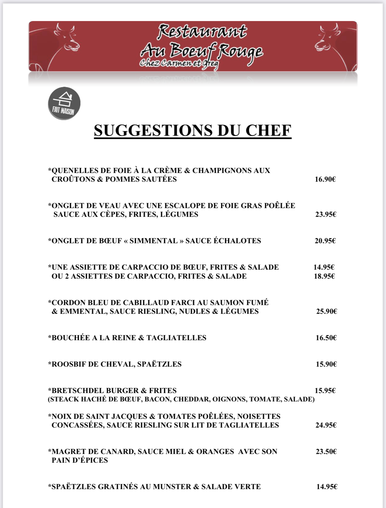 Carte et Menus - Restaurant au Boeuf Rouge