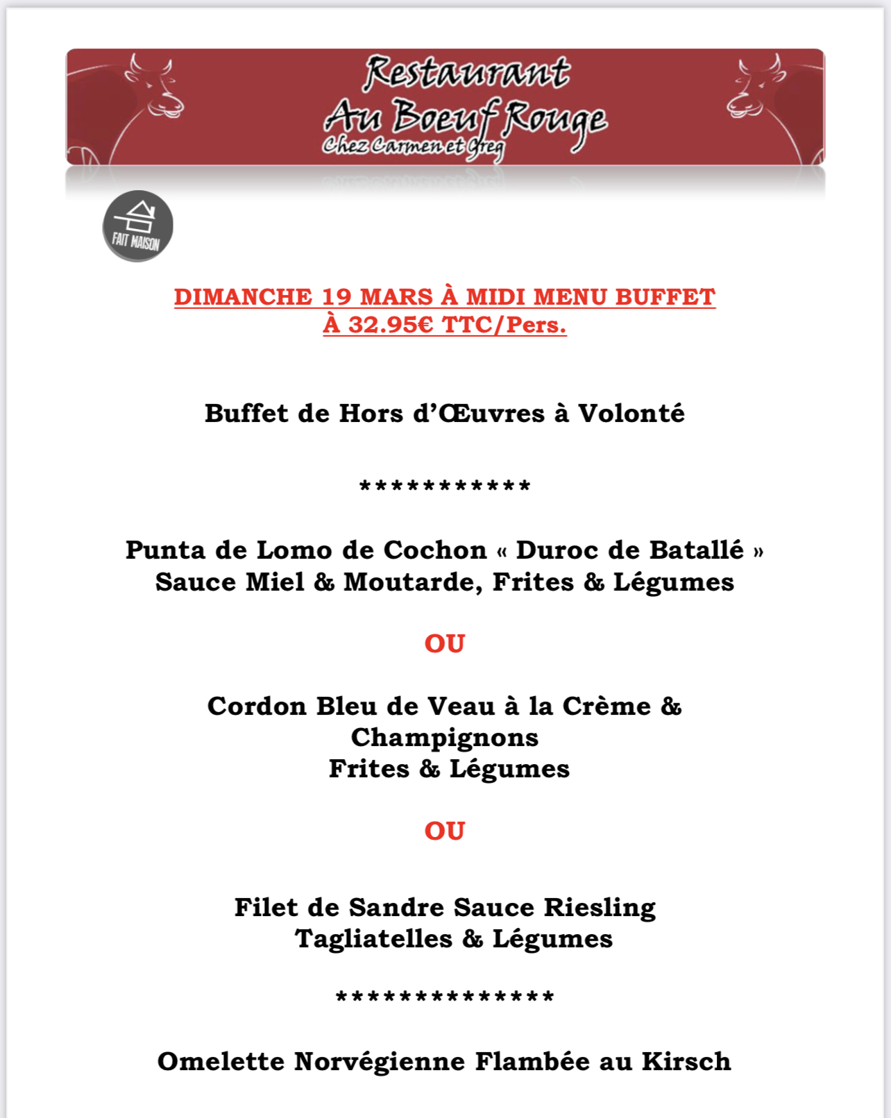 Plat du Jour - Restaurant au Boeuf Rouge