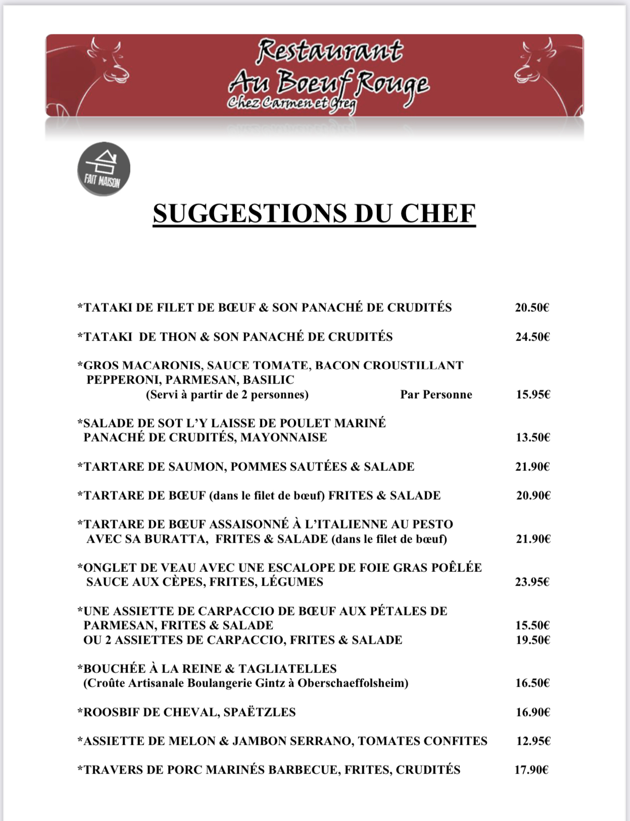 Menu de la Semaine - Restaurant au Boeuf Rouge